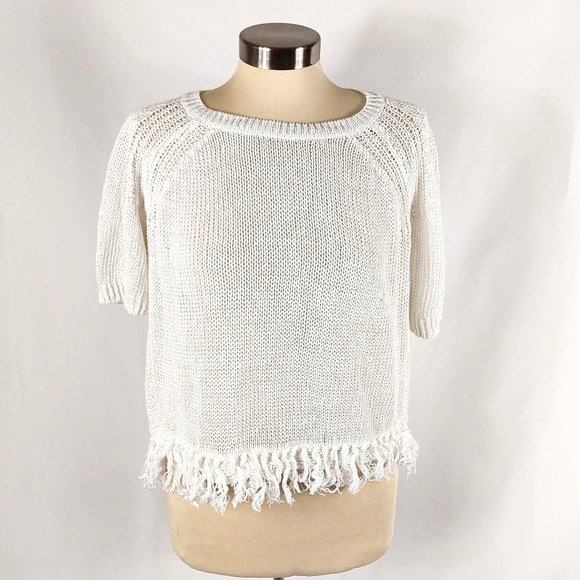 J. Crew | Sweaters | J Crew White Knitted Short Sleeve Fringe Sweater ...